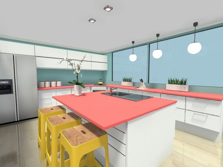 Modern Open Eat-In Kitchen With Colorful Countertops
